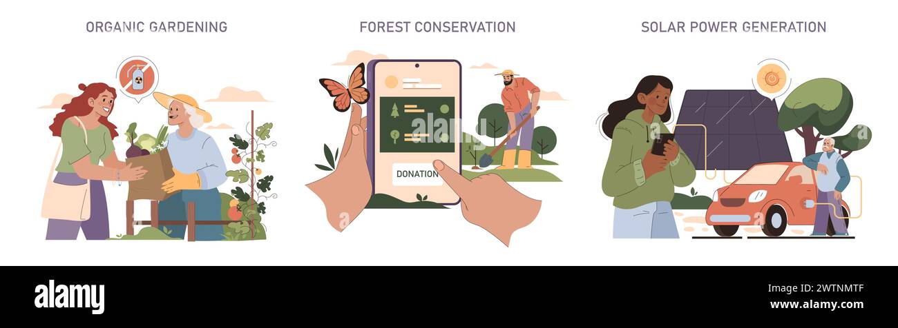 Sustainability set. Community sharing in organic gardening. Digital ...