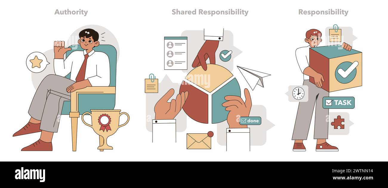 Task Delegation concept. Illustrations depict the dynamics of authority, shared responsibility ...