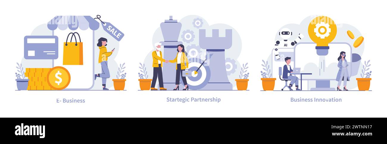 Marketing and customer focus set. Showcasing online shopping, strategic ...