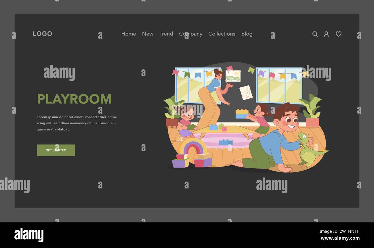 Vibrant kindergarten playroom. Excited children engage with toys and ...