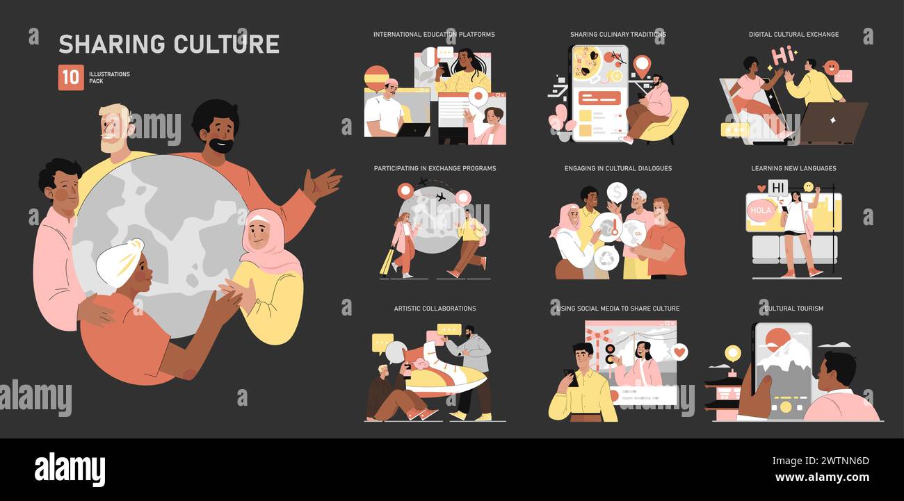 Cultural Exchange set. Diverse groups engage in global dialogue and ...