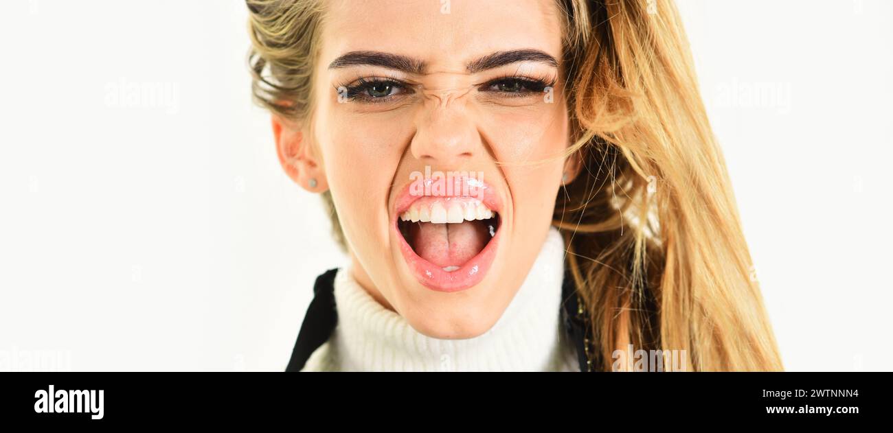 Crazy woman screaming and shouting. Human emotions, facial expression ...