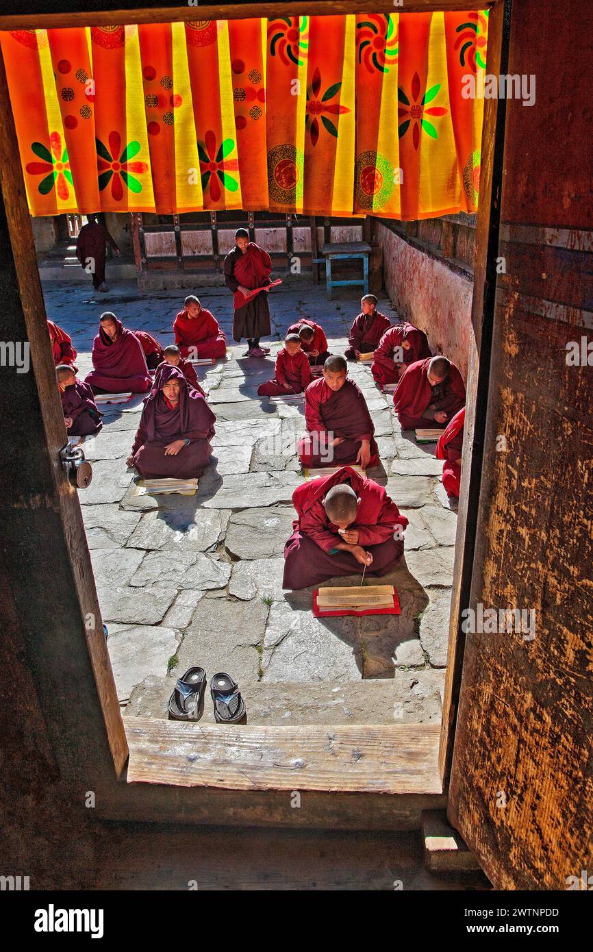 Young monks read scripture at Kenchosum Lhakhang (monastery) in Jakar ...