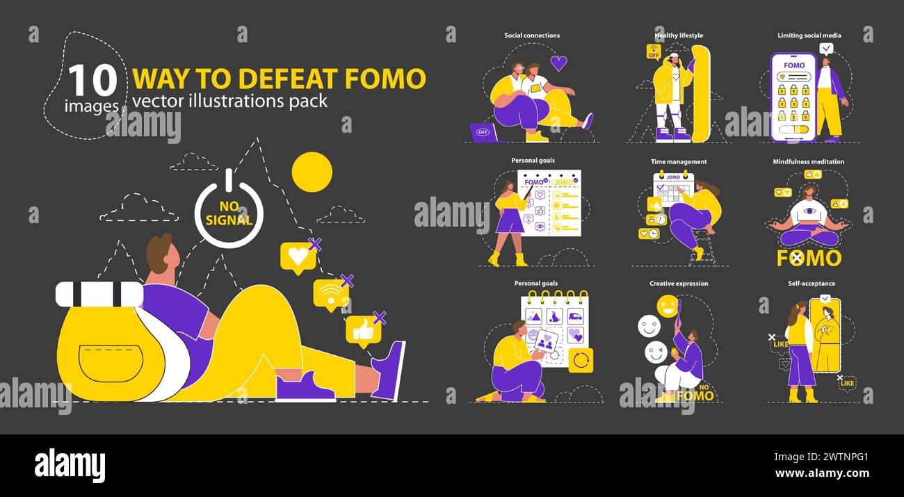 Defeat FOMO set. Overcoming the anxiety of missing out through various ...
