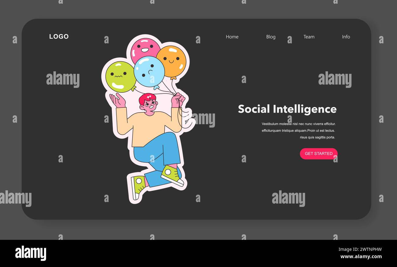 Social Intelligence concept. Joyful individual with emotive balloons ...