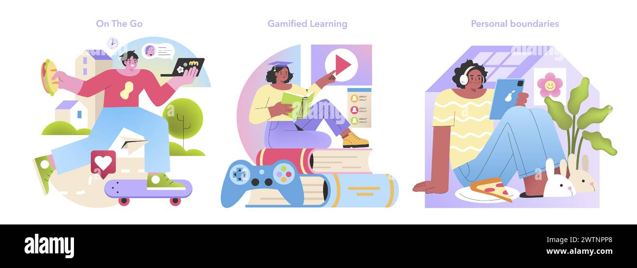 Dynamic Youth set. Young adults multitasking with technology and self ...