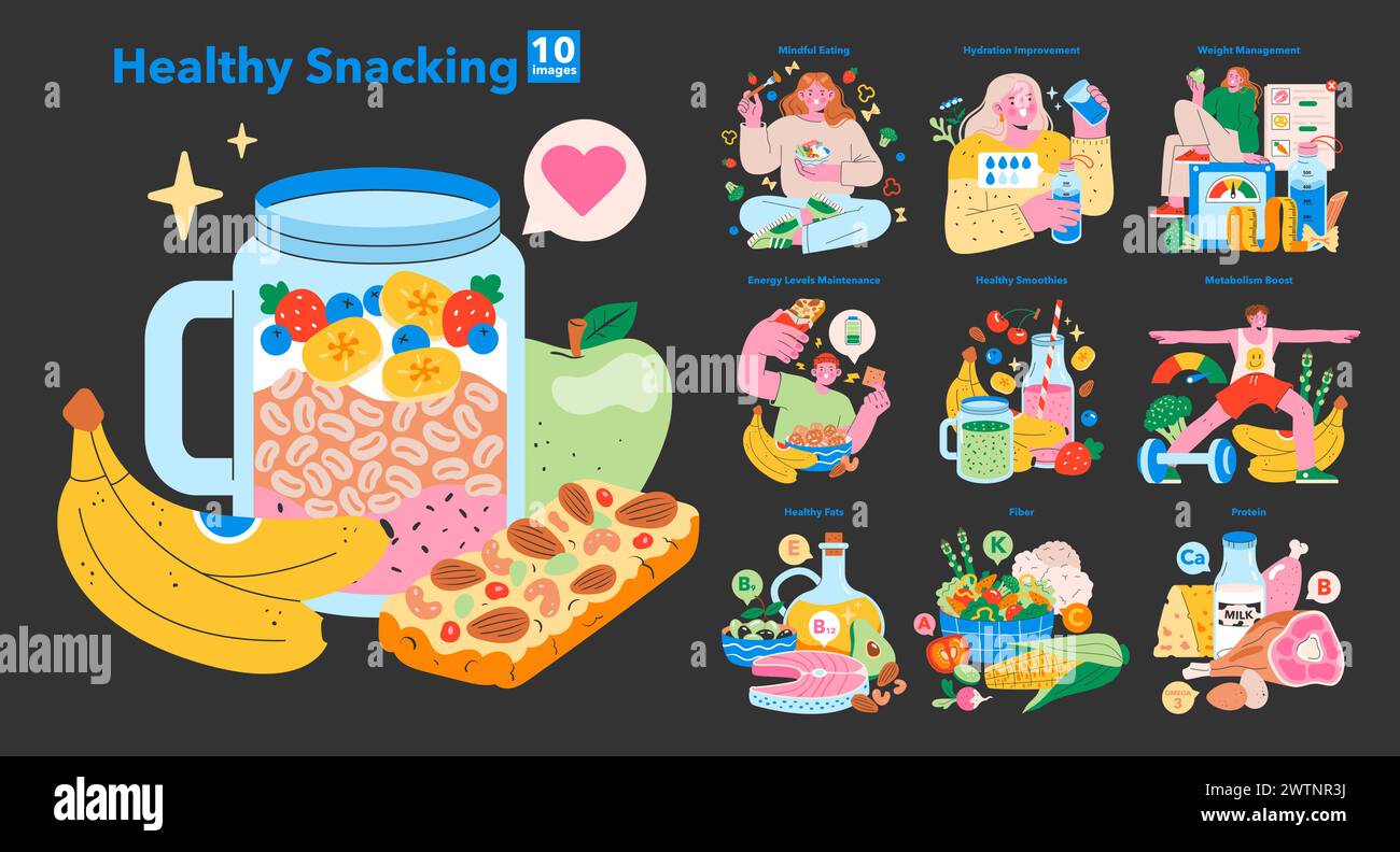 Healthy Snacking set. A colorful array of illustrations promoting ...