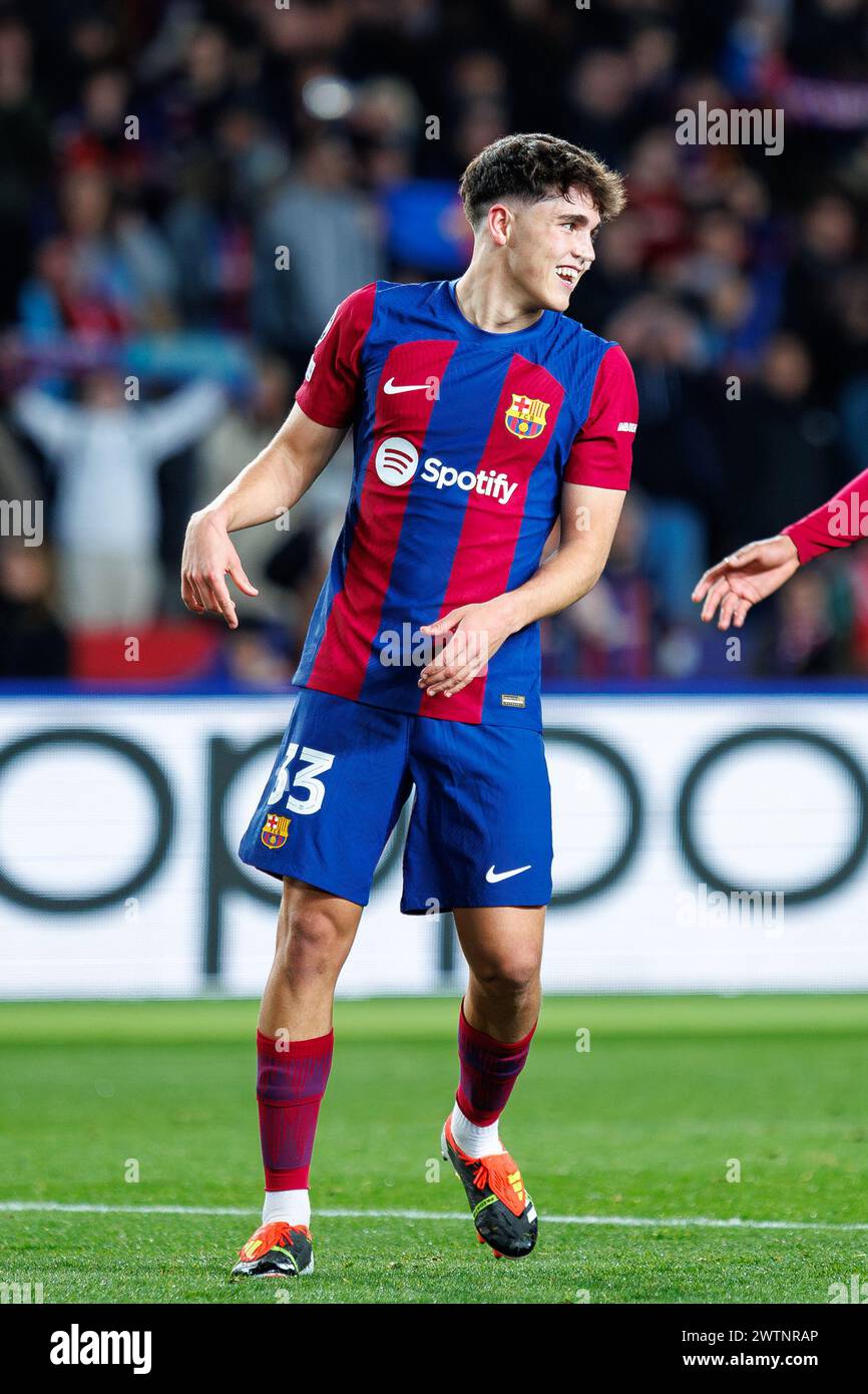Barcelona, Spain. 12th Mar, 2024. Pau Cubarsi celebrates the victory at ...