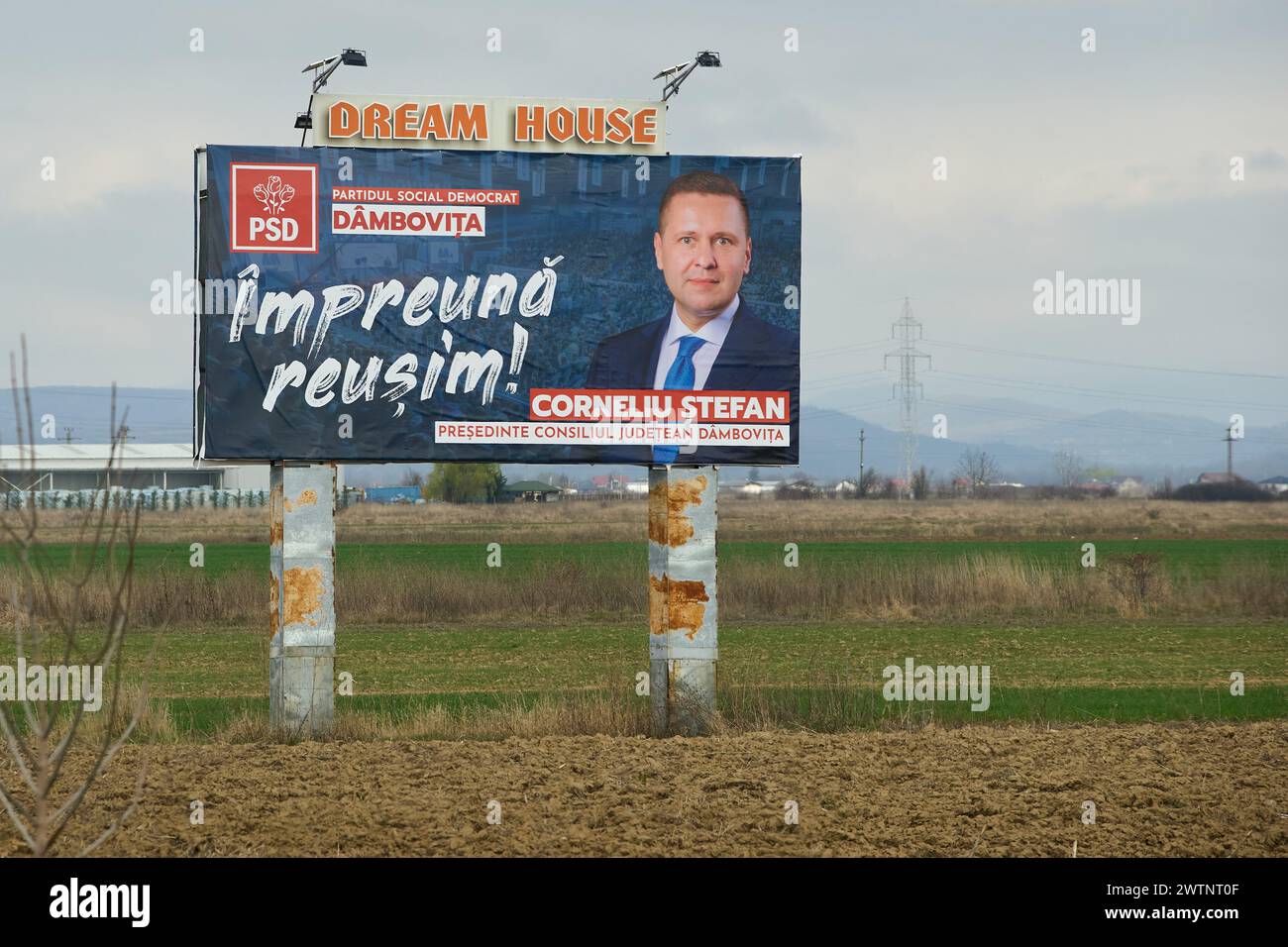 Ilfoveni, Romania. 18th Mar, 2024: A large election campaign billboard ...