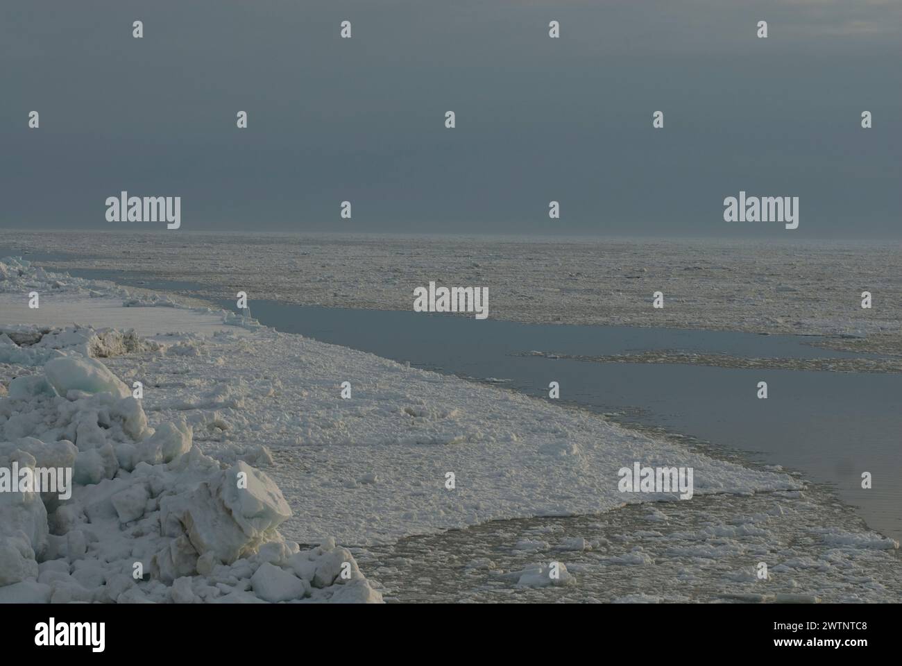 Seascape of open lead rough pack ice over the Chukchi sea in springtime ...