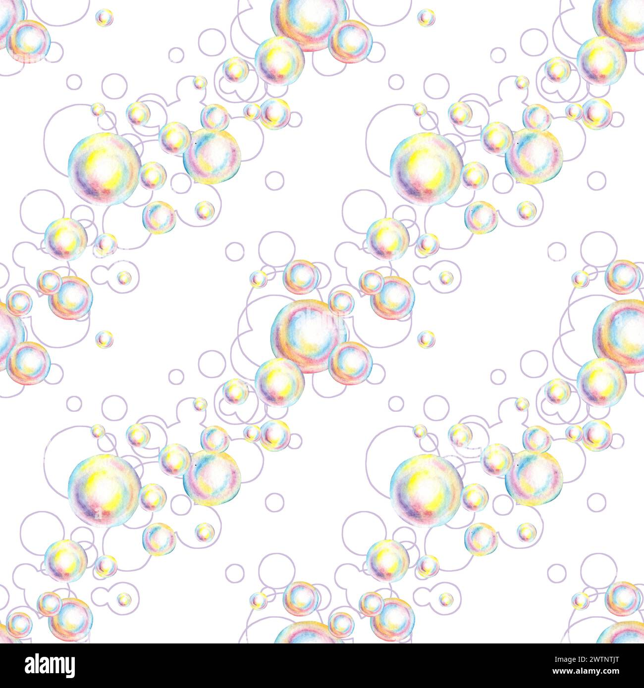 Watercolor illustration seamless pattern with soap bubbles and contours ...