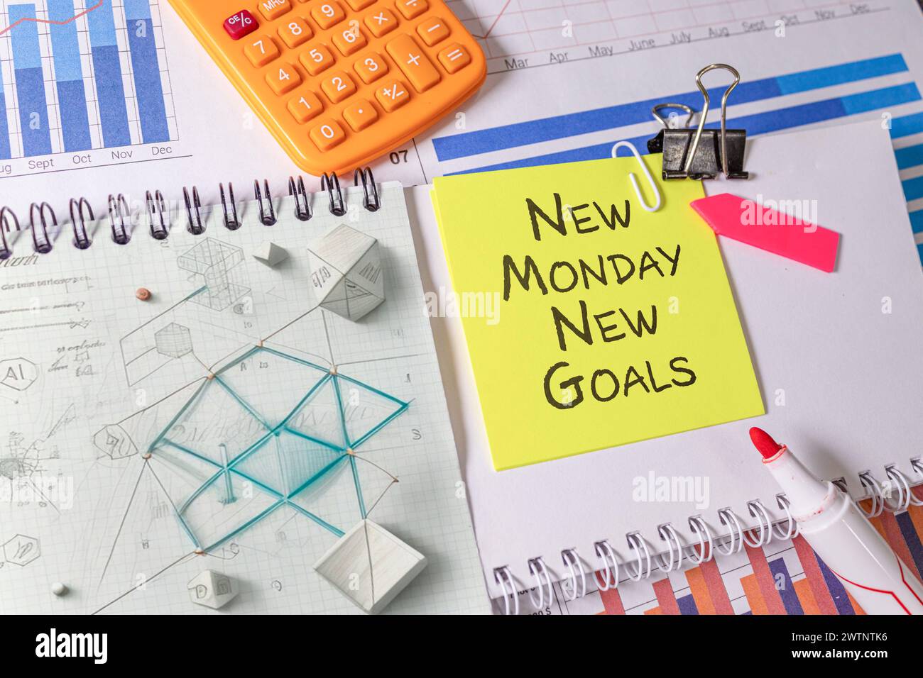 New monday, new goals text concept. Spiral notebook textbook, wooden ...