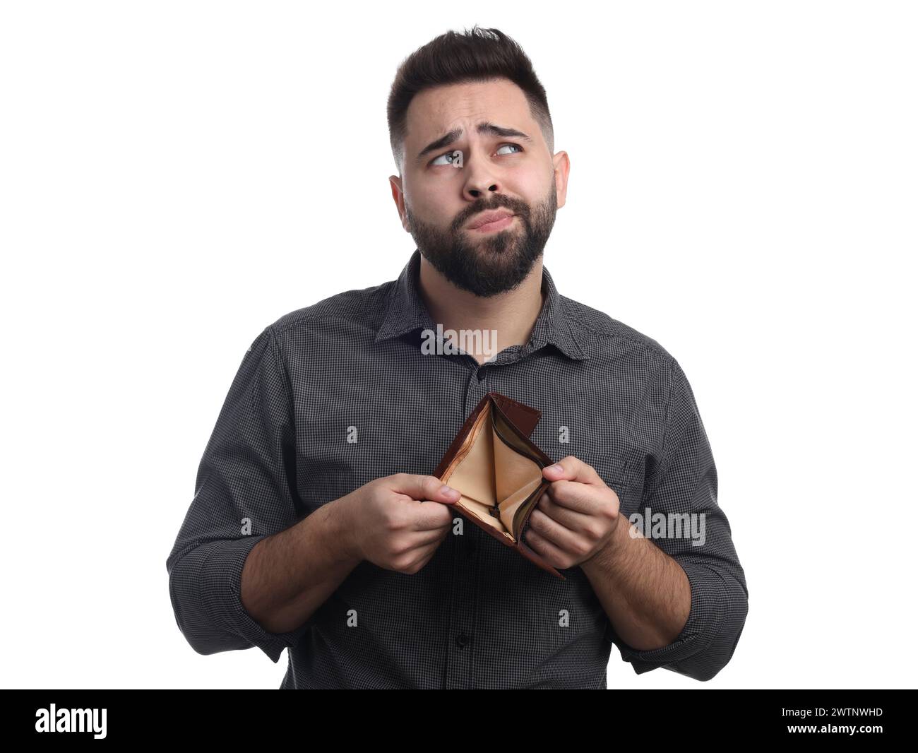 Man showing empty wallet on white background Stock Photo - Alamy
