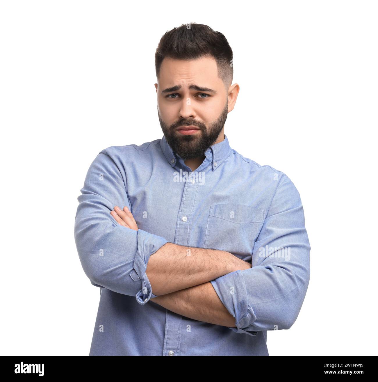 Portrait of sad man with crossed arms on white background Stock Photo ...