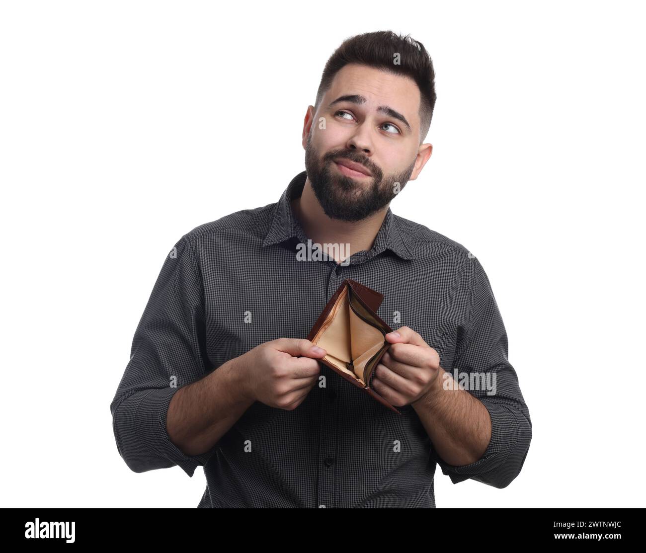 Man showing empty wallet on white background Stock Photo - Alamy