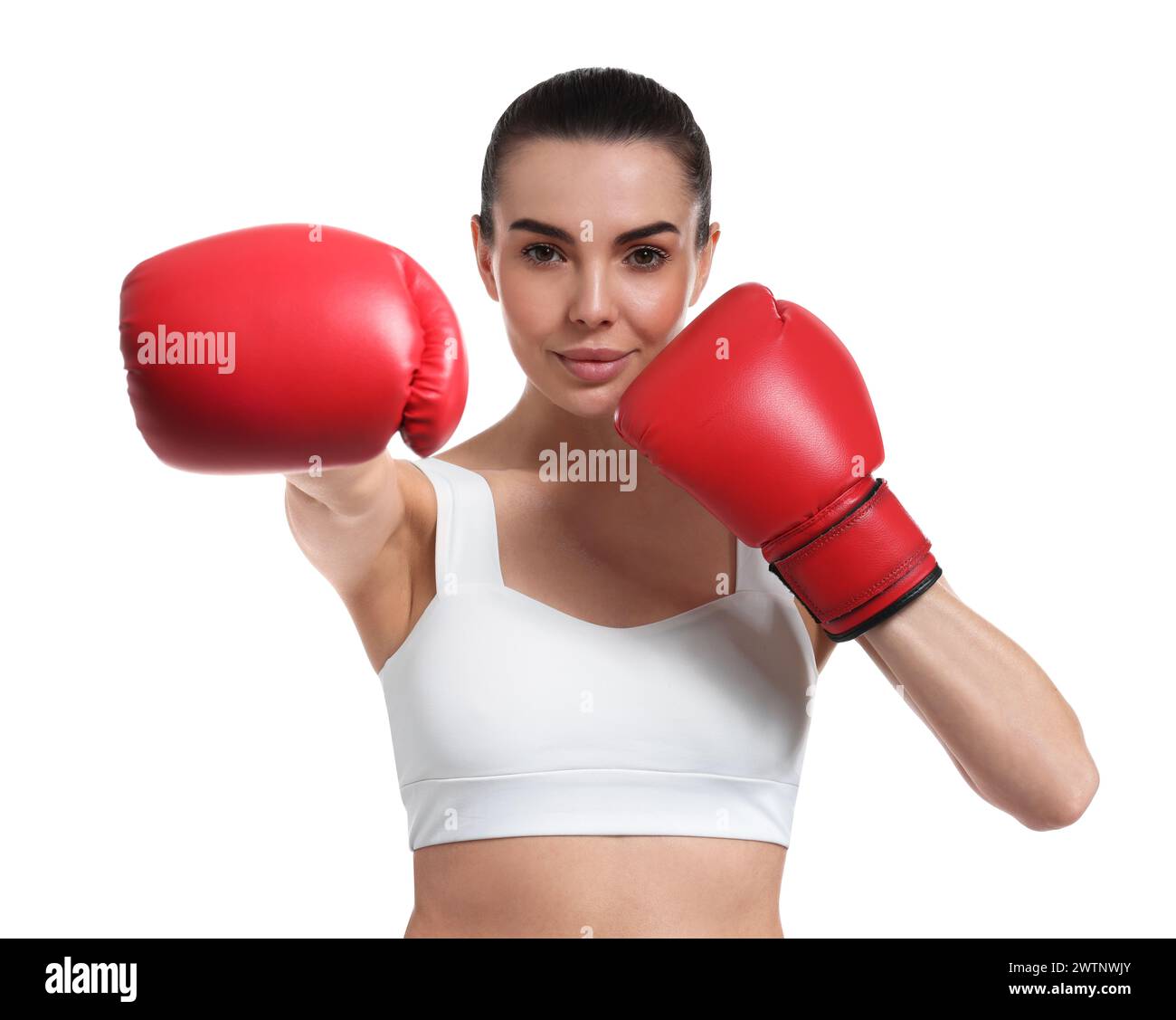 Beautiful woman in boxing gloves on white background Stock Photo - Alamy