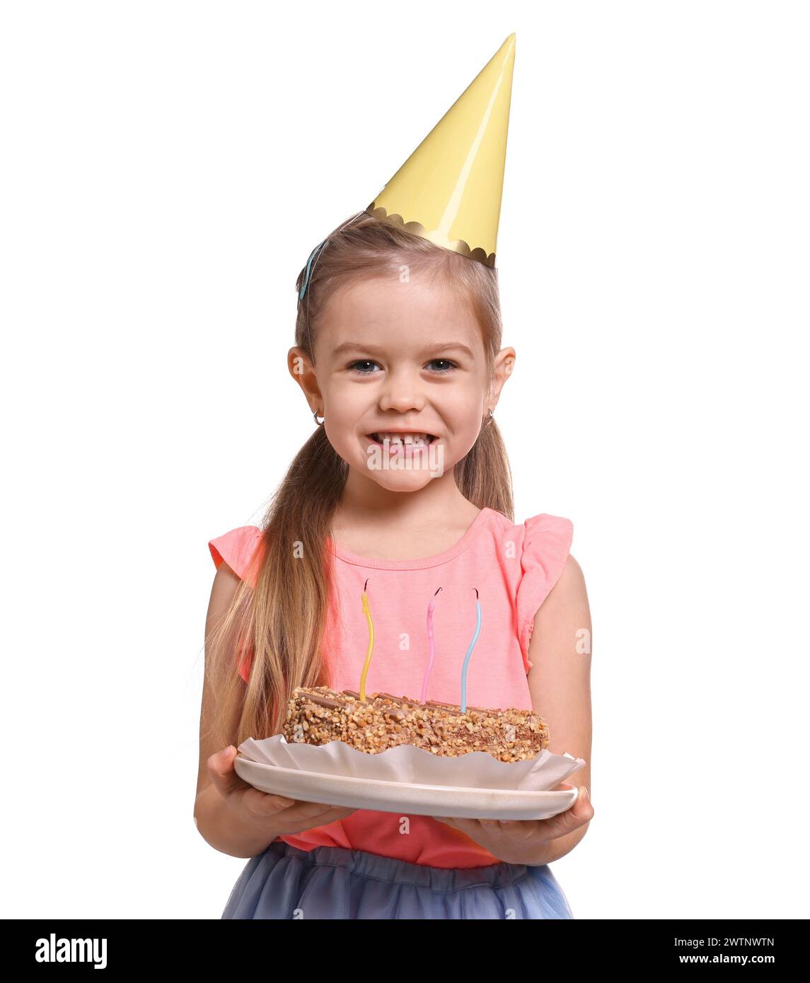 Birthday celebration. Cute little girl in party hat holding tasty cake ...