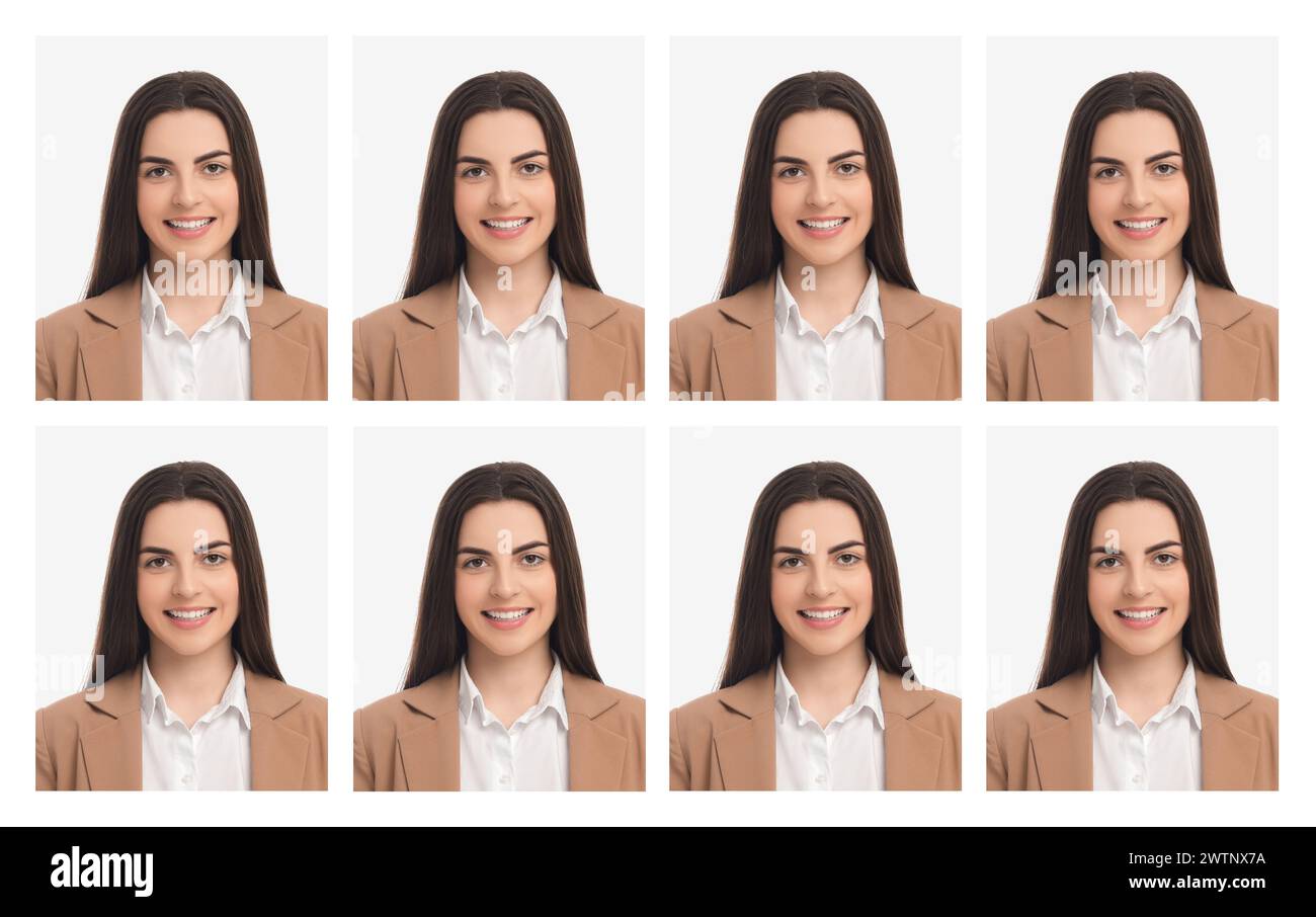 Passport photo, collage. Woman on white background, set of photos Stock ...