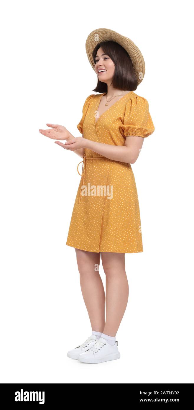 Happy woman in straw hat on white background Stock Photo - Alamy
