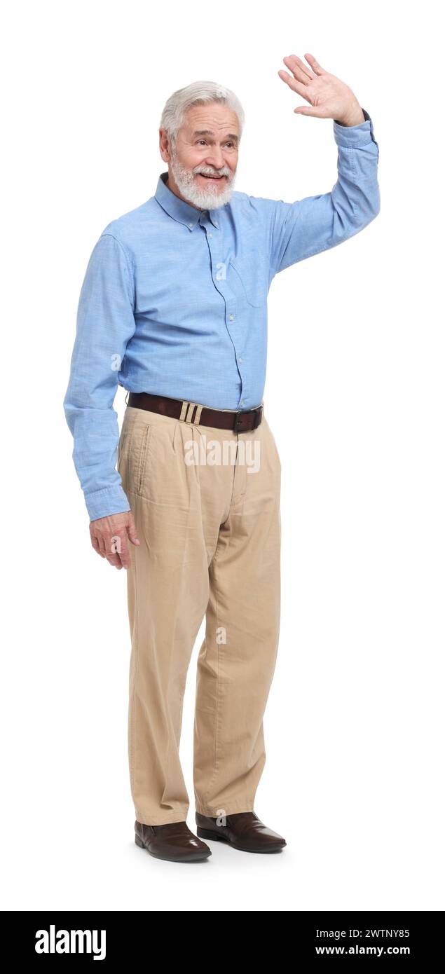 Senior man waving hand on white background Stock Photo - Alamy