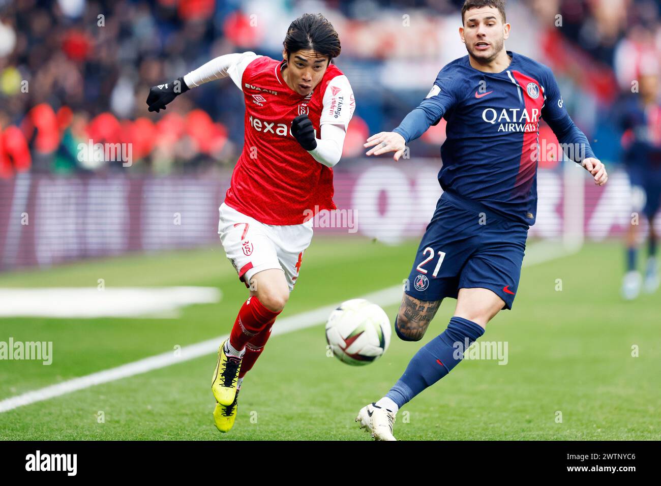 Paris, France. Credit: D. 10th Mar, 2024. Junya Ito (Reims), Lucas Hernandez (PSG) Football ...