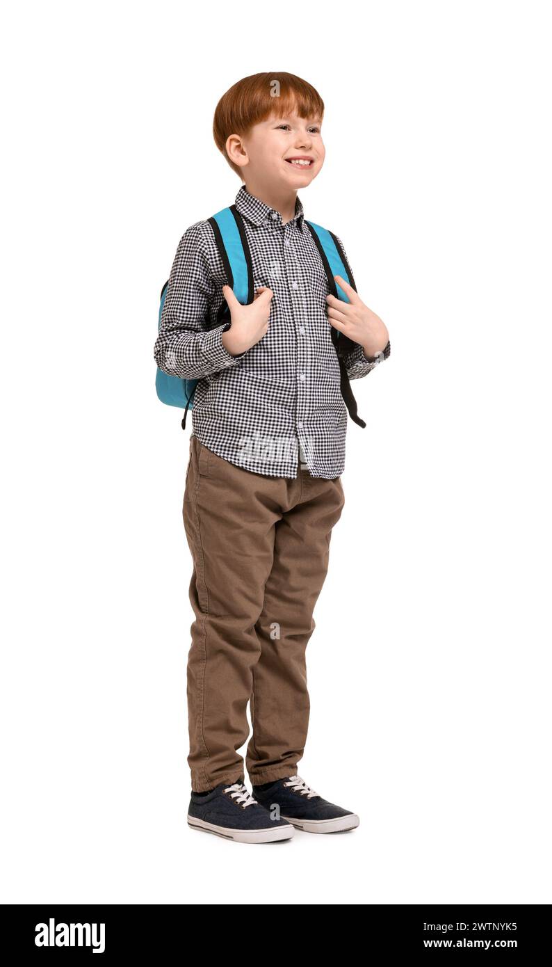 Little boy with backpack on white background Stock Photo - Alamy