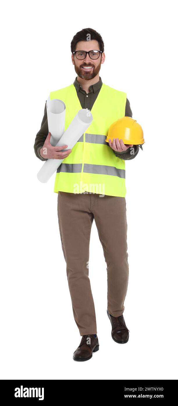 Architect with drafts and hard hat walking on white background Stock ...