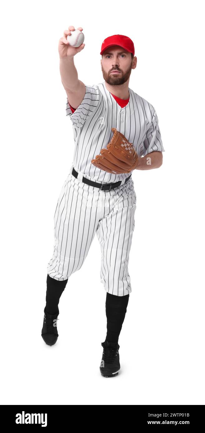 Baseball player throwing ball on white background Stock Photo - Alamy