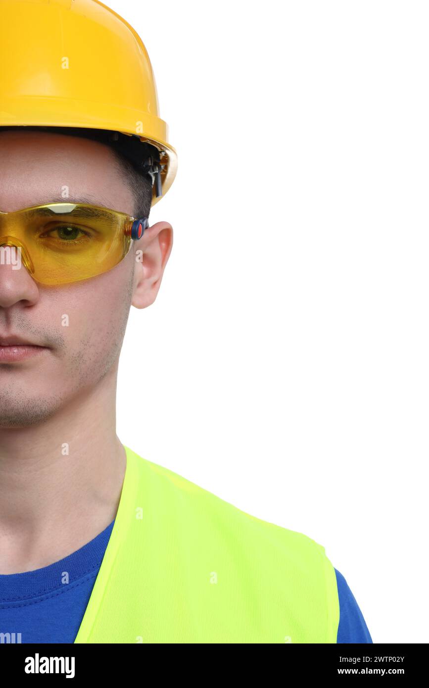 Young man wearing safety equipment on white background Stock Photo - Alamy