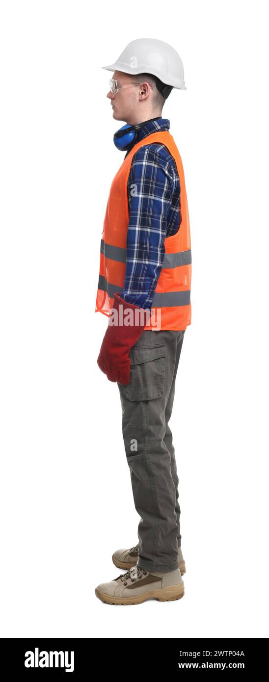 Young man wearing safety equipment on white background Stock Photo - Alamy