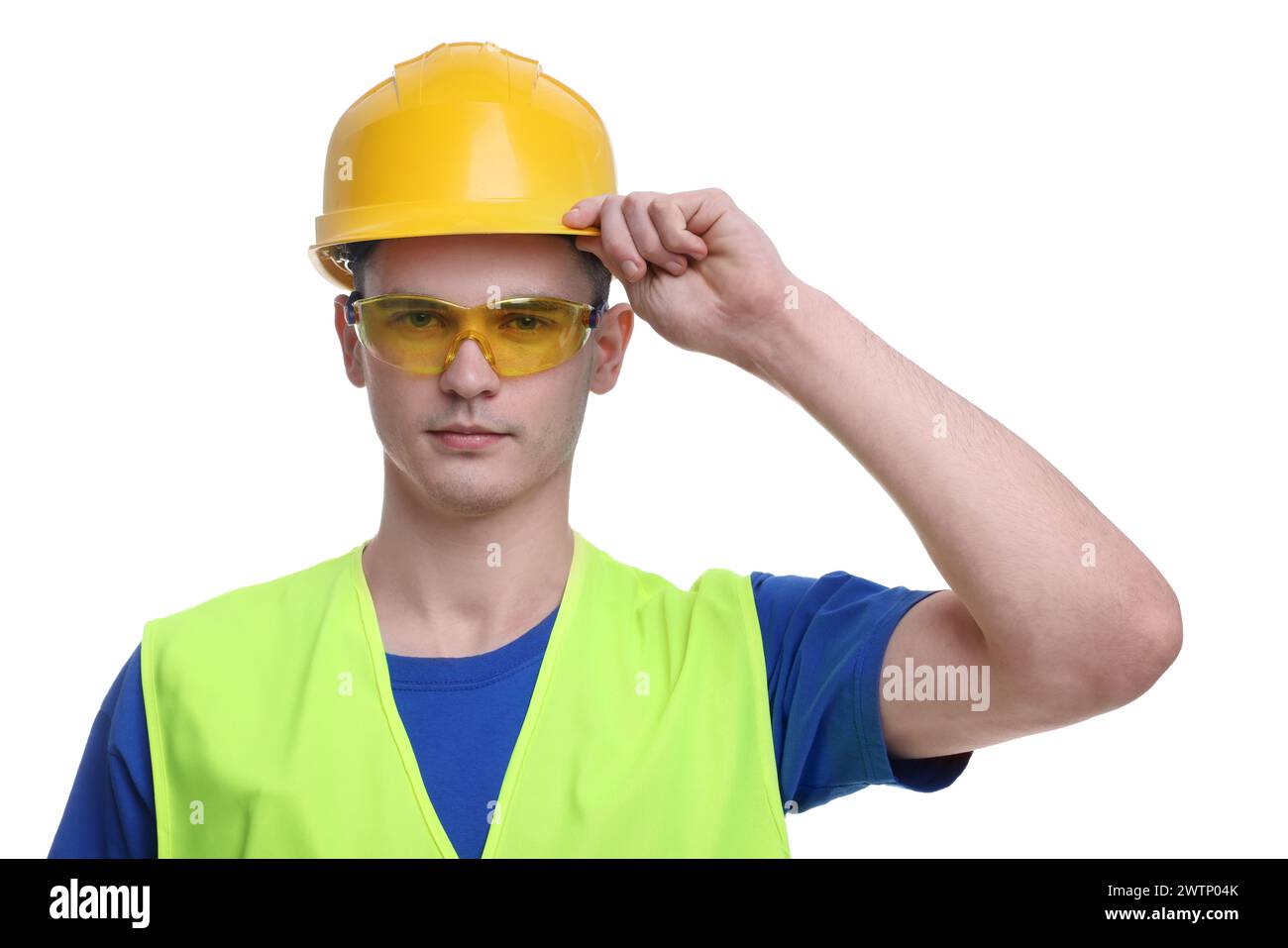 Young man wearing safety equipment on white background Stock Photo - Alamy