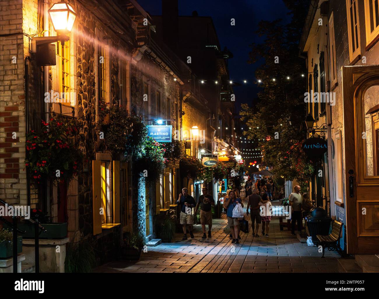 Old town Quebec city lit up at night with colorful lights Stock Photo ...