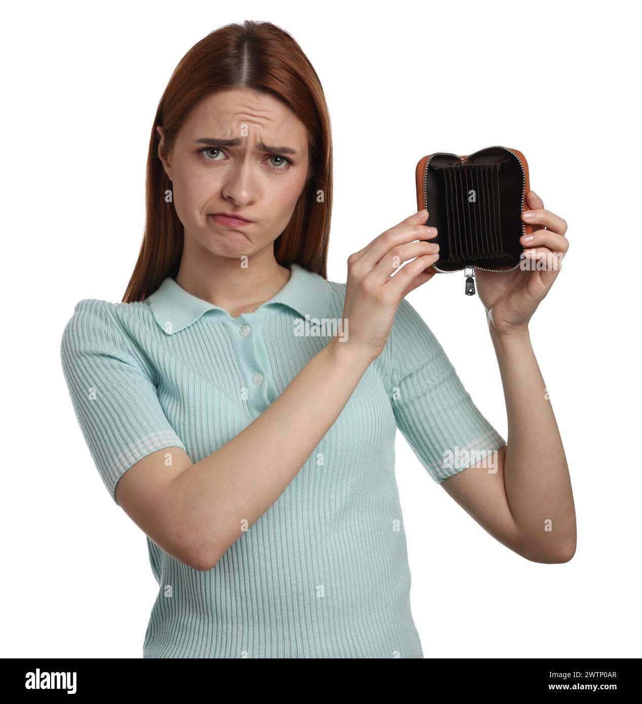 Upset woman with empty wallet on white background Stock Photo - Alamy