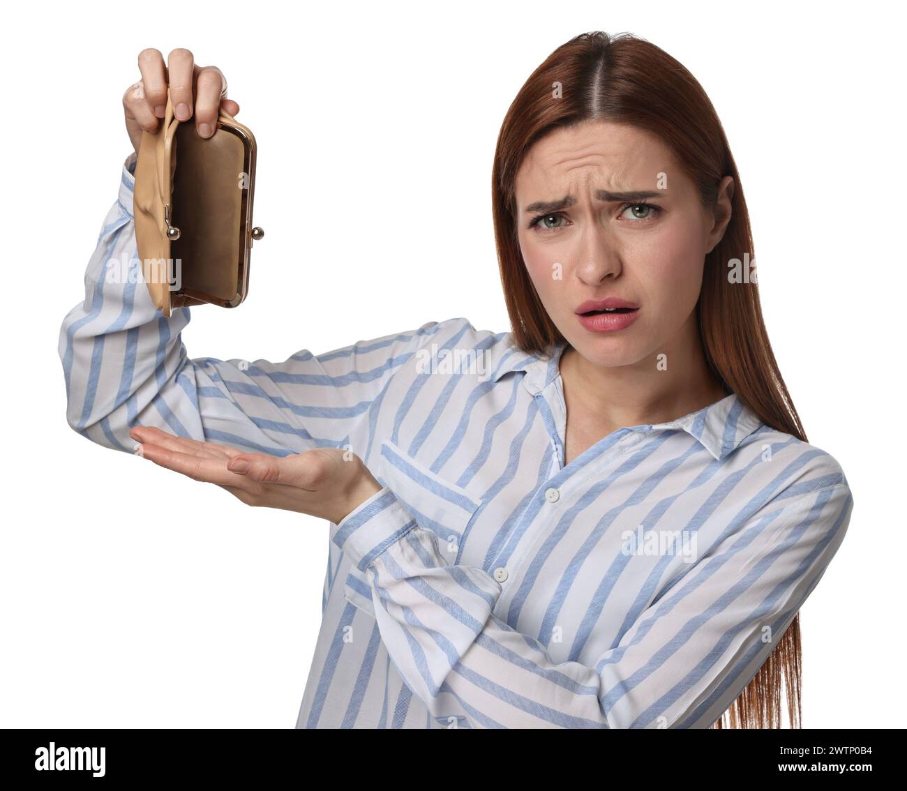 Confused woman with empty wallet on white background Stock Photo - Alamy