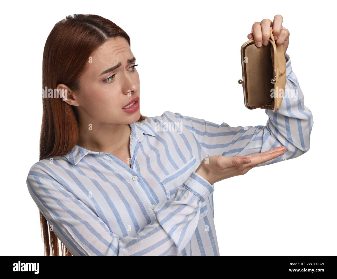 Confused woman with empty wallet on white background Stock Photo - Alamy