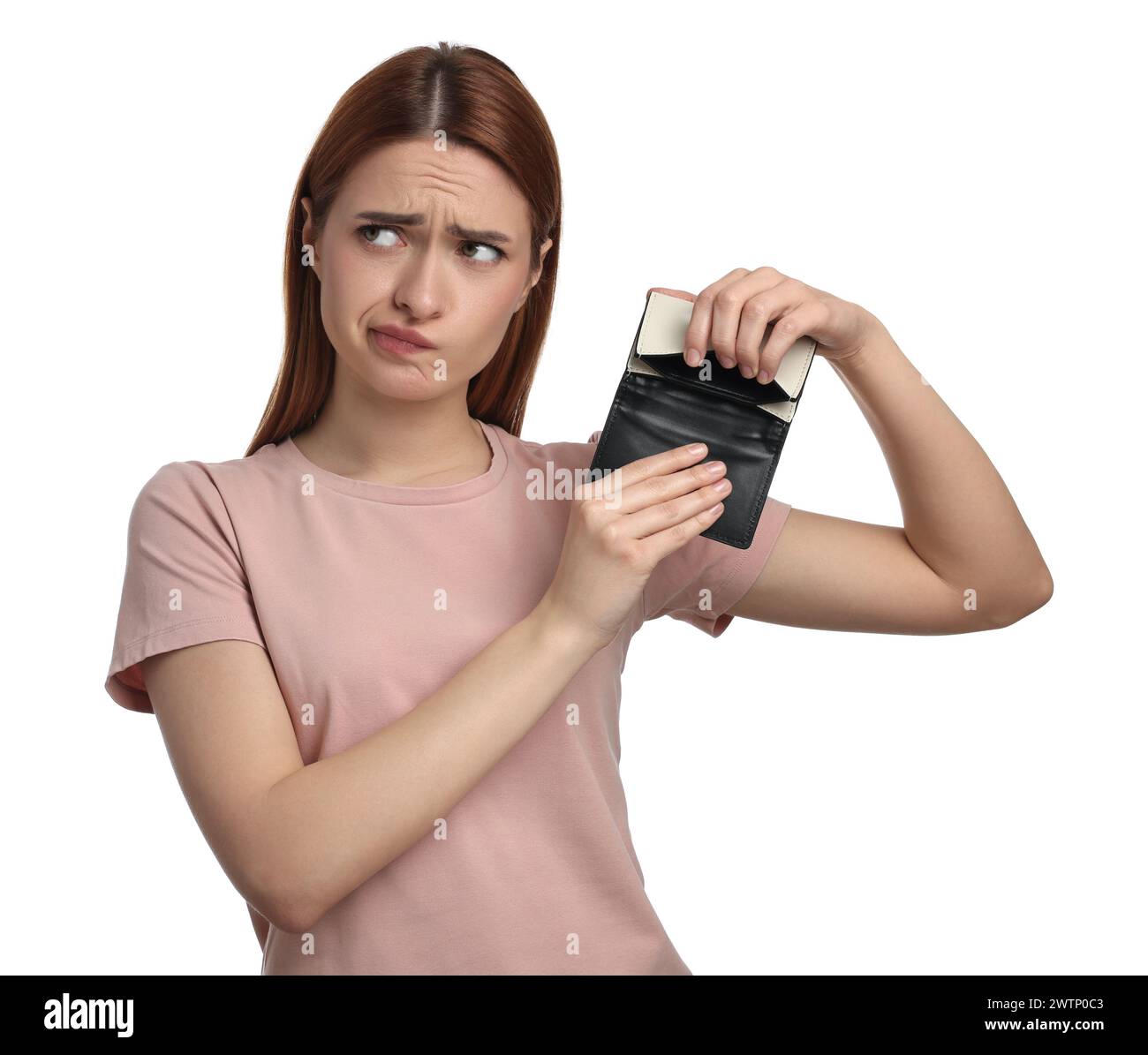 Upset woman with empty wallet on white background Stock Photo - Alamy