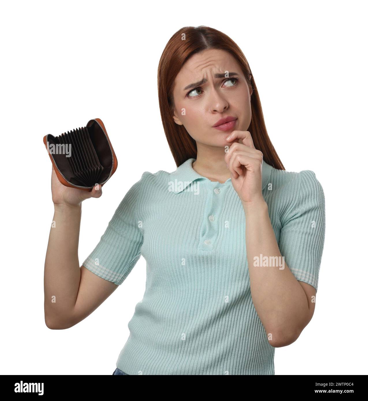 Confused woman with empty wallet on white background Stock Photo - Alamy