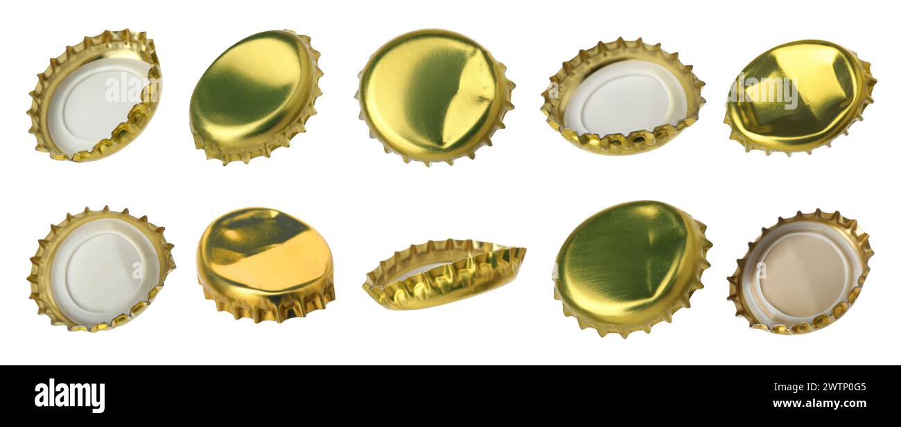 Golden beer bottle caps isolated on white, set Stock Photo - Alamy