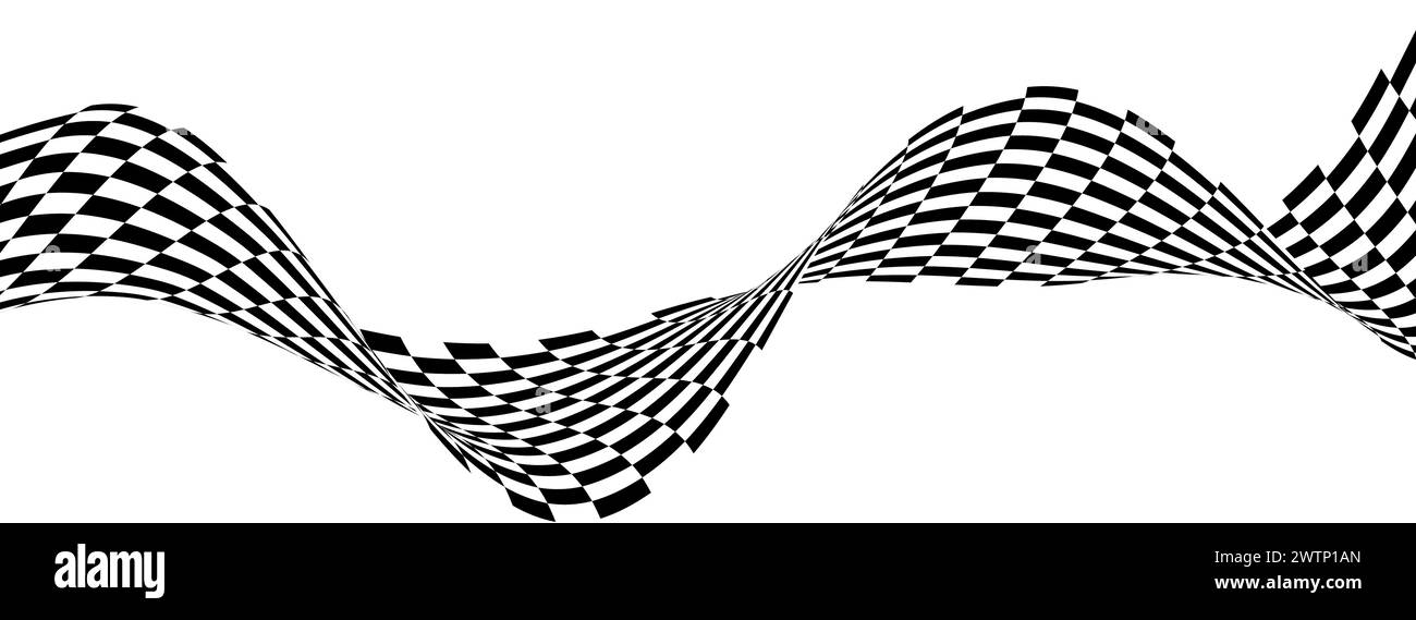 Black and white wavy bent ribbon element. Curved checkered stripe ...
