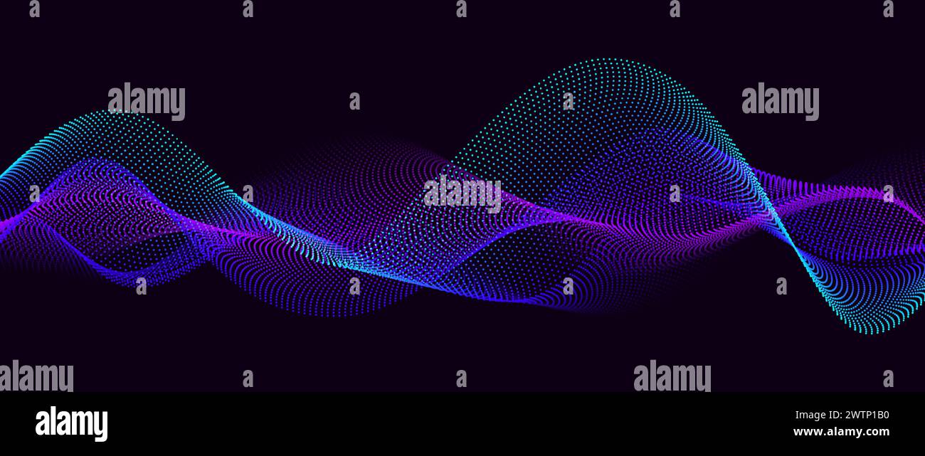Neon flowing wavy dot lines on black background. Abstract sound wave ...