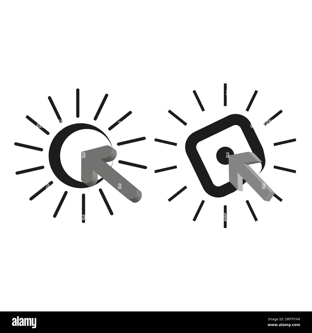 Click and interaction concept icons. Cursor and magnifying glass with dynamic lines. Search and ...