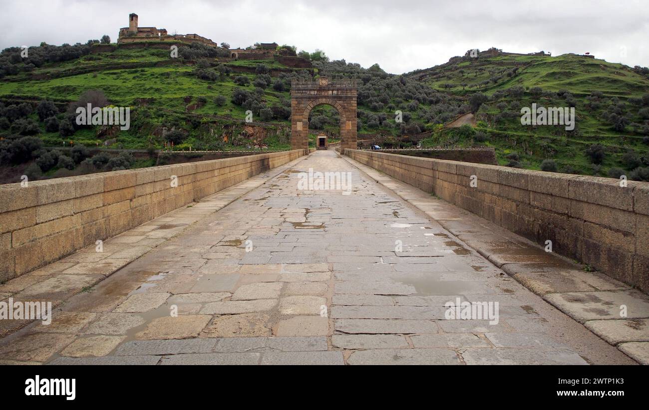 Roadway on the Trajan's Bridge at Alcantara, Roman temple on the left ...