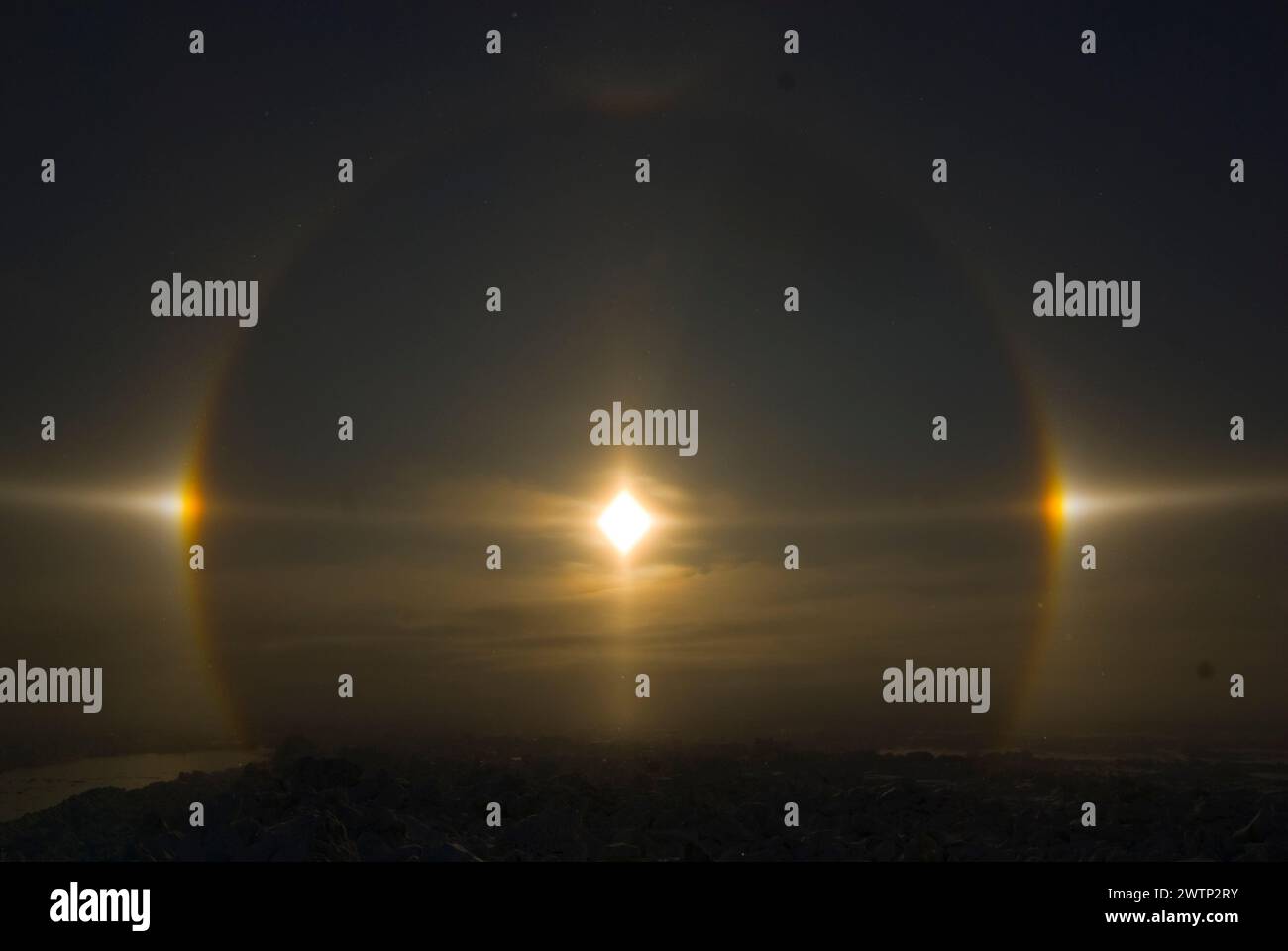 Seascape sun dog over open lead rough pack ice over the Chukchi sea in ...