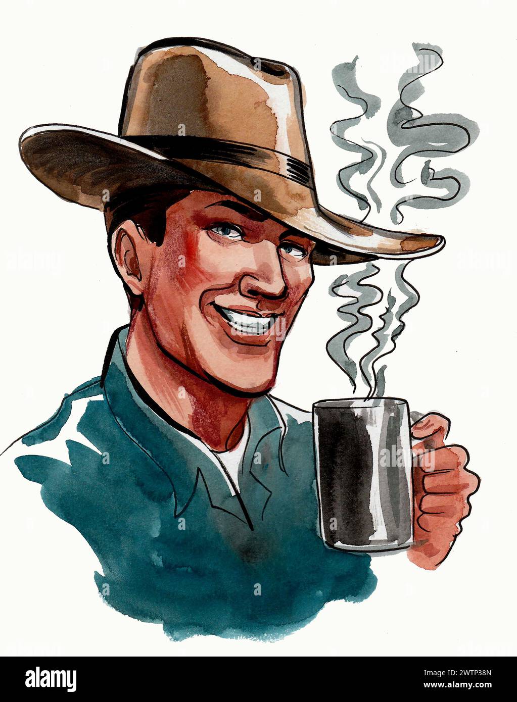 Cowboy drinking a mug of coffee. Hand drawn ink and watercolor ...