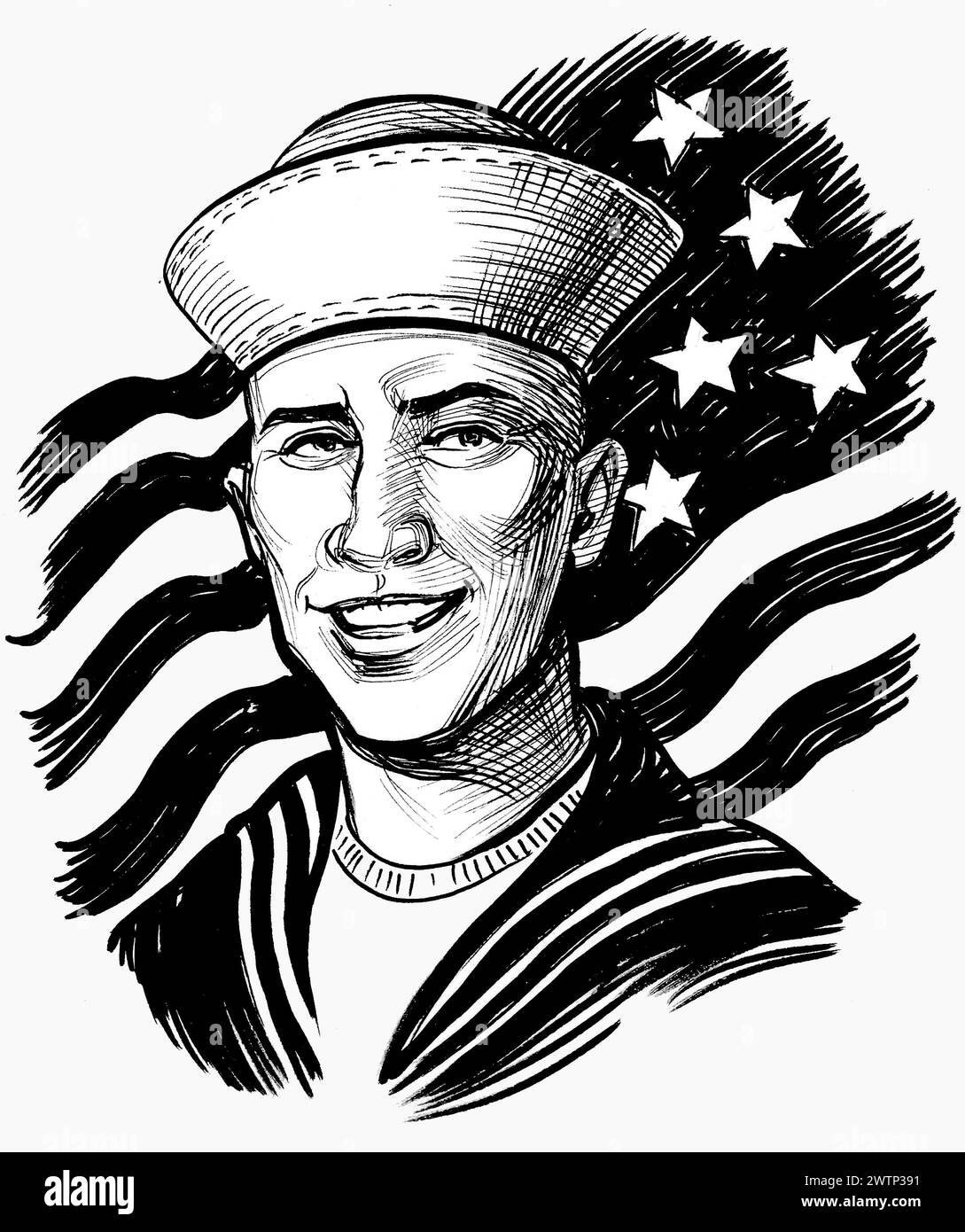 American navy sailor. Hand drawn ink black and white drawing Stock ...
