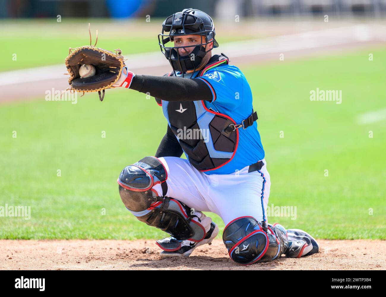 JUPITER, FL - MARCH 16: Miami Marlins catcher Nick Fortes (4) catches a ...