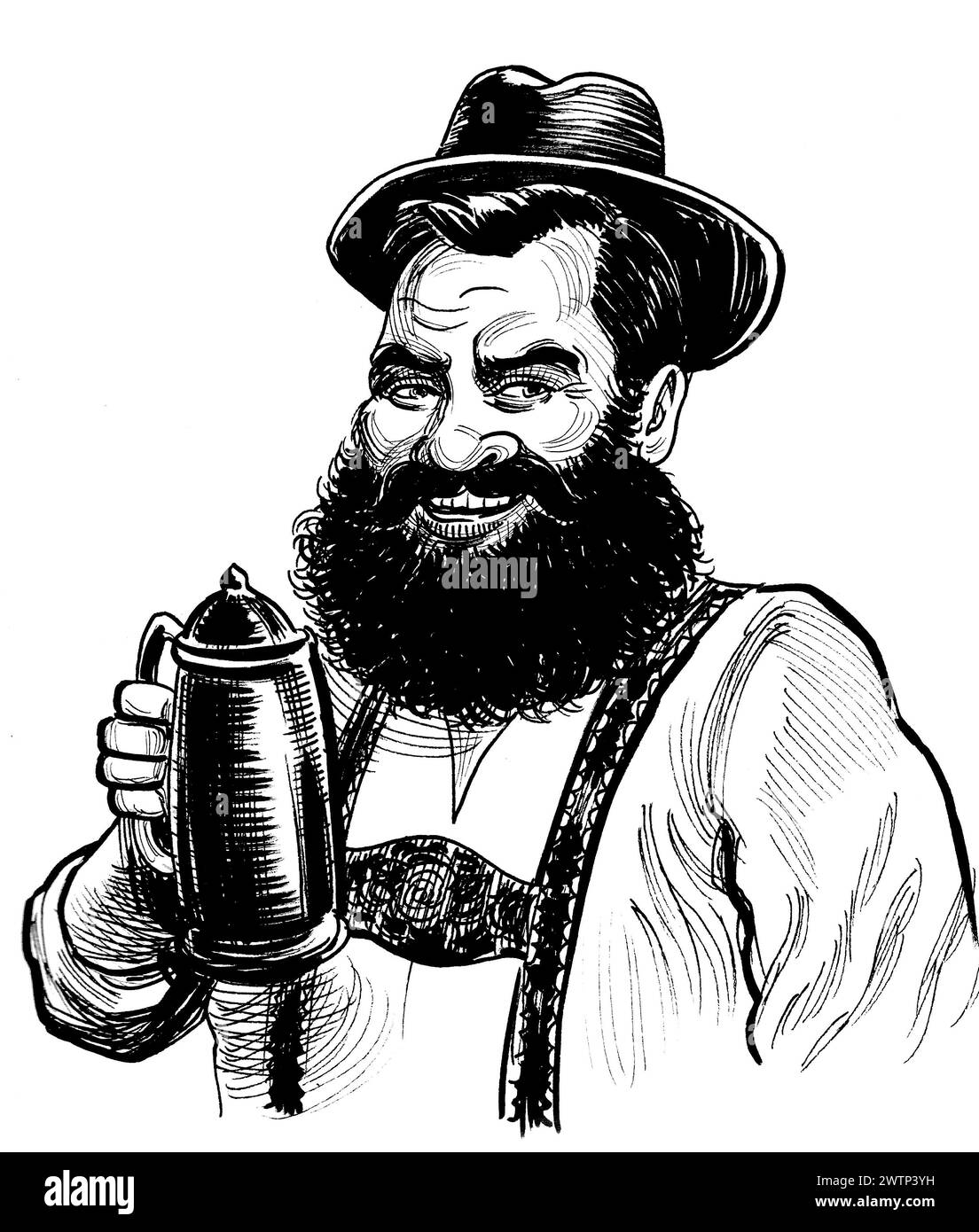German man drinking a mug of beer. Hand drawn retro styled black and ...
