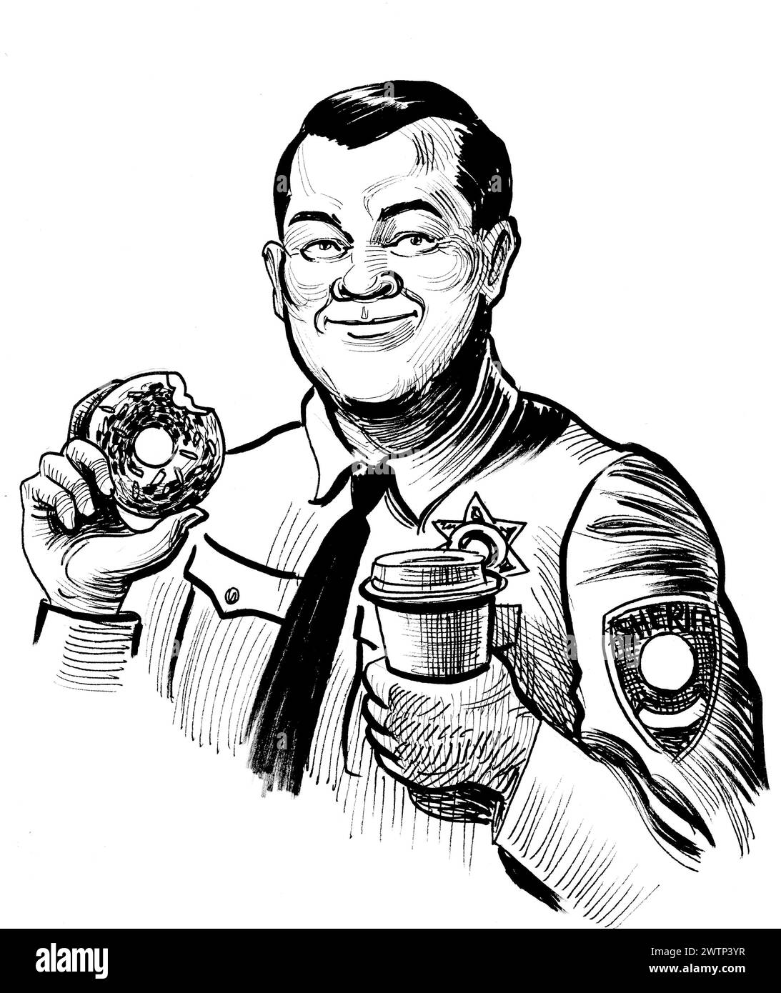 American police officer drinking coffee and eating doughnut. Hand drawn ...