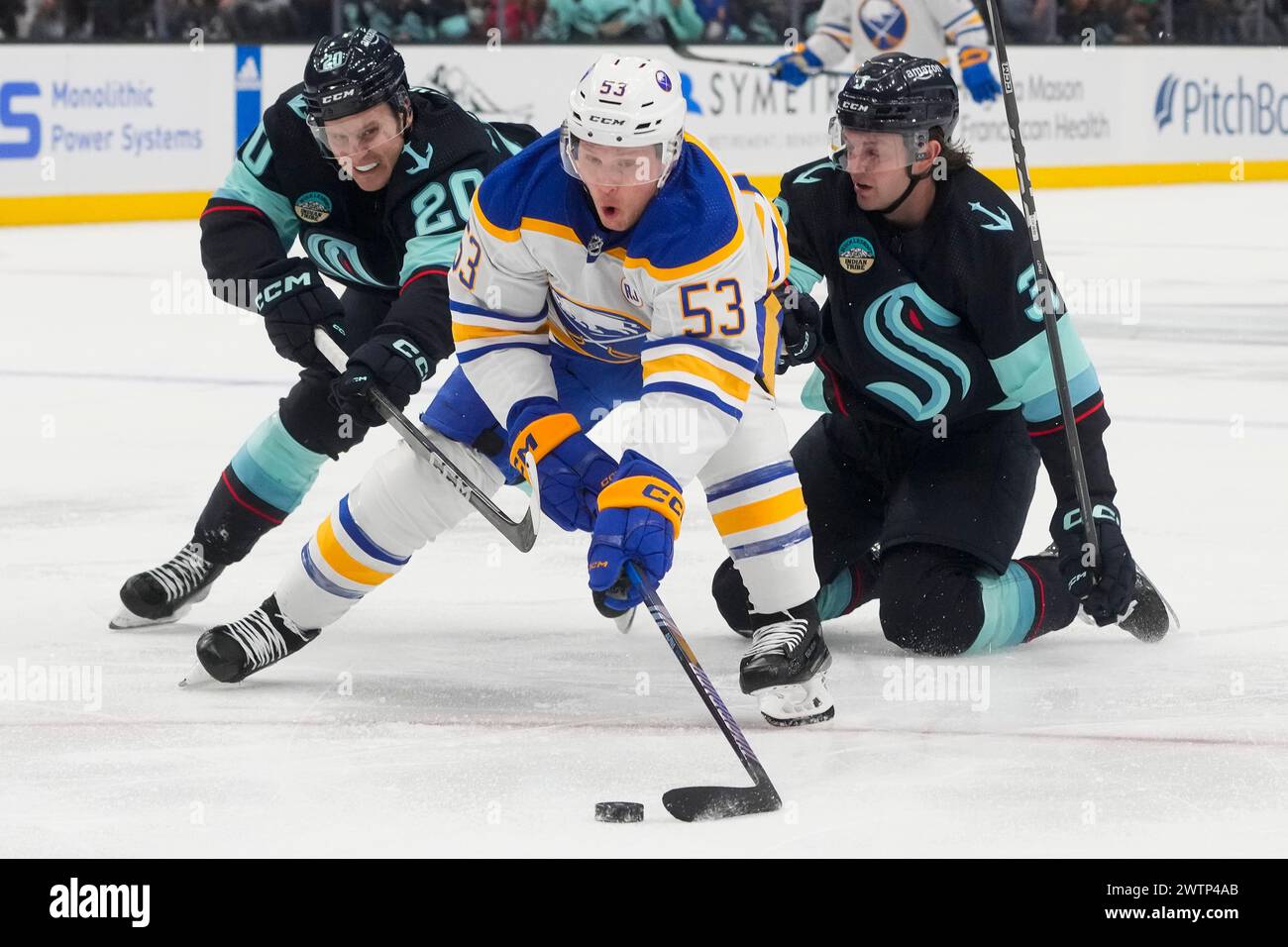 Buffalo Sabres left wing Jeff Skinner (53) reaches for the puck while ...