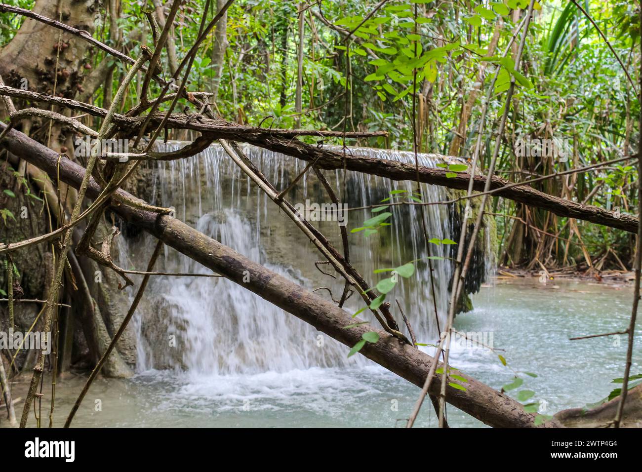 Erawan Waterfall level 7, Kanchanaburi Province, Thailand. Copy space ...